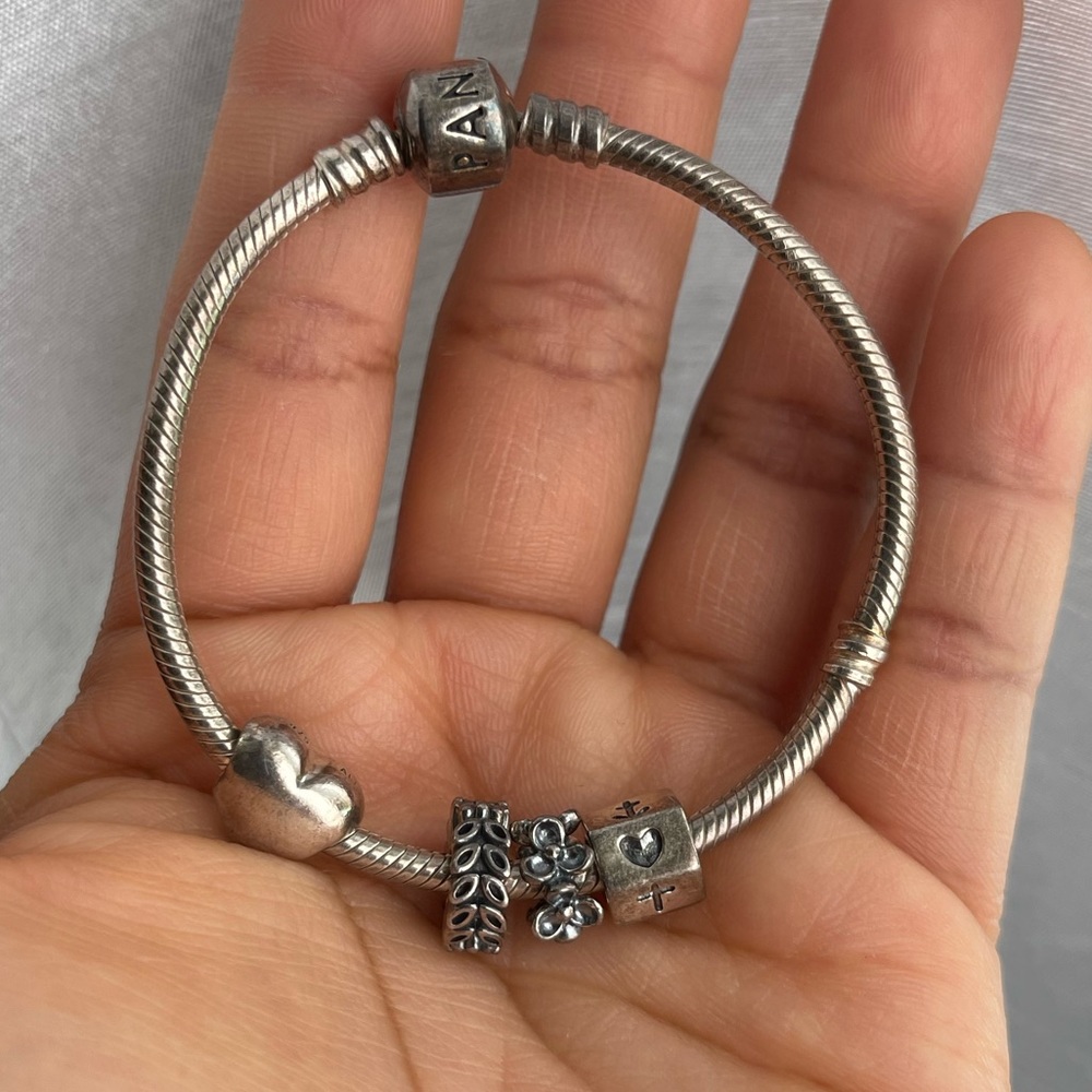 Authentic Pandora Snake Bracelet W/ 4 Pandora Charms - Gem